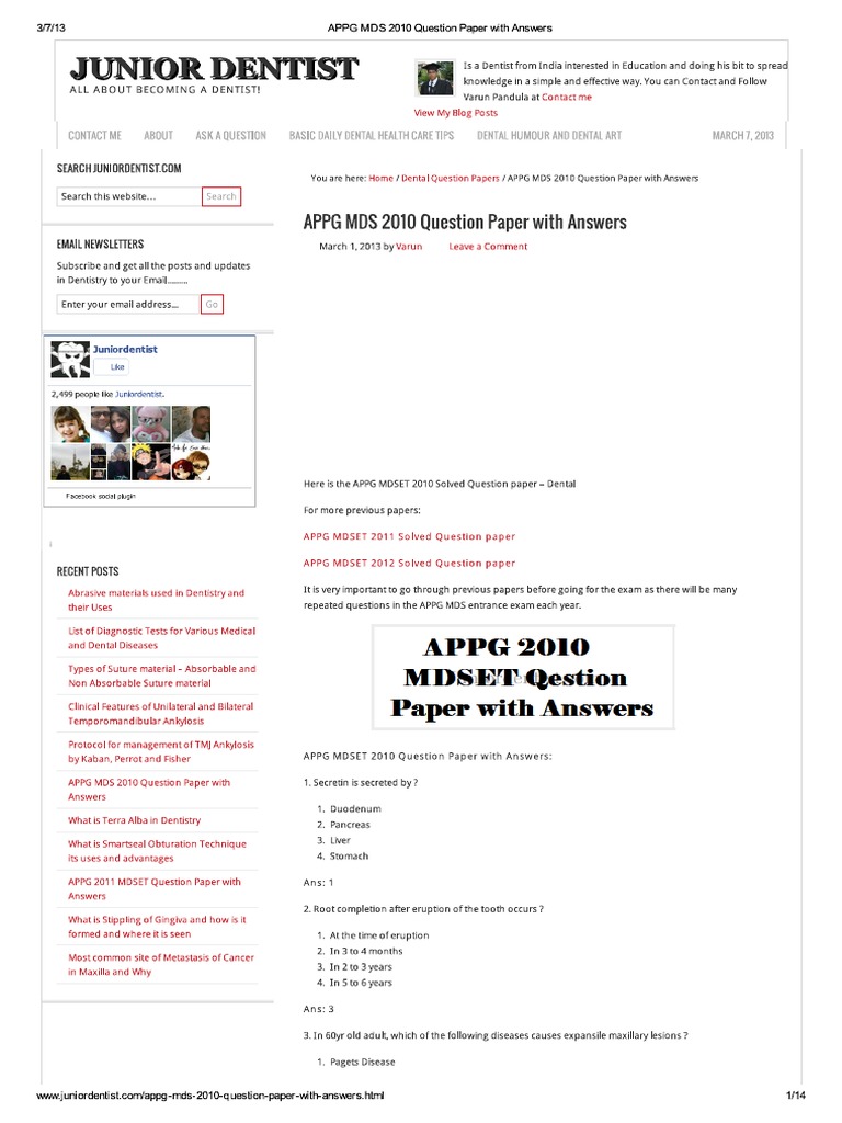 APPG MDS 2010 Question Paper With Answers PDF | PDF