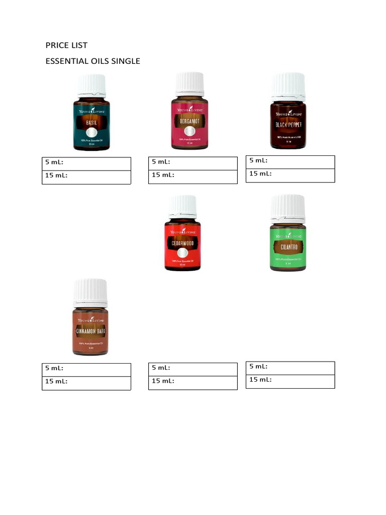 Price List Essential Oils Single: 5 ML: 15 ML: 5 ML: 15 ML: 5 ML: 15 ML ...