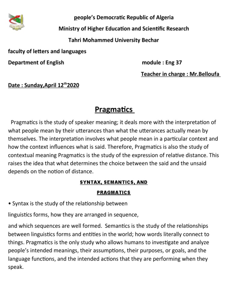 Pragmatics: Syntax, Semantics, and Pragmatics | PDF | Linguistics | Semantics