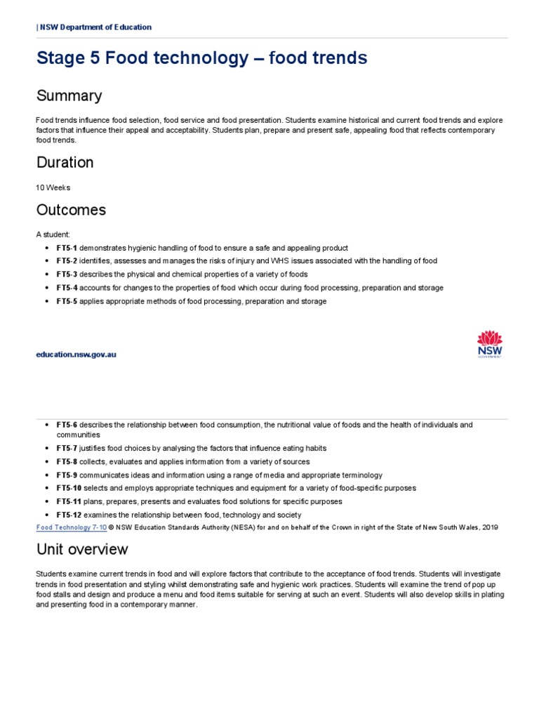 Stage 5 Food Technology - Food Trends: - NSW Department of Education ...