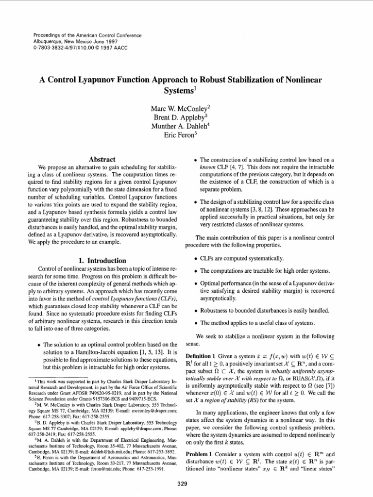 A Control Lyapunov Function Approach To Robust Stabilization of Nonlinear Systems' | Download ...