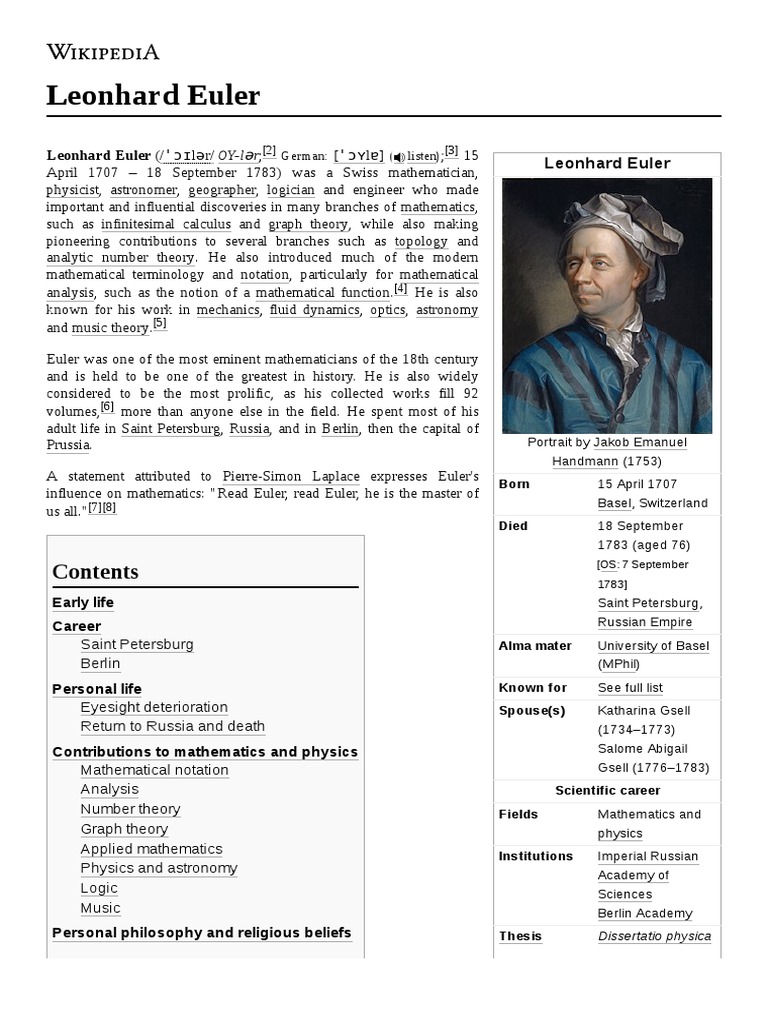 Leonhard Euler | PDF | Leonhard Euler | Teaching Mathematics