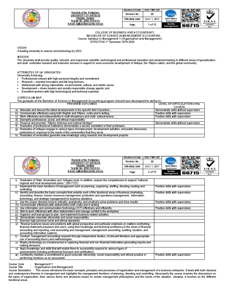 Revised Syllabus MGT 1 | PDF | Human Resources | Educational Assessment