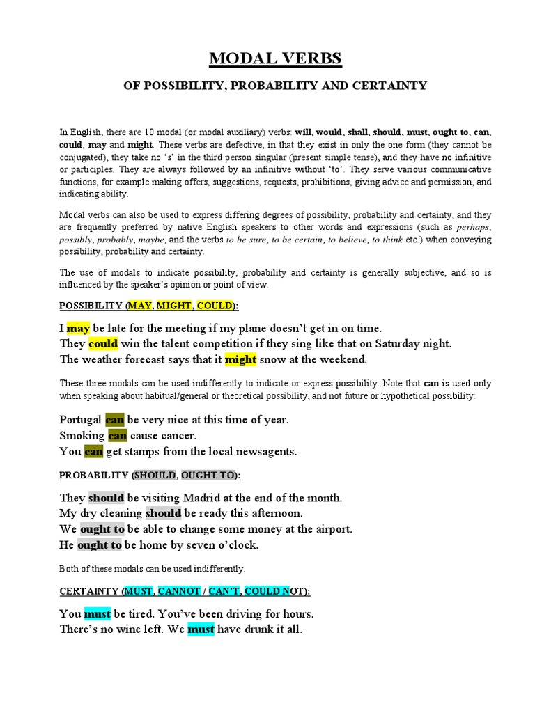 Modal Verbs: of Possibility, Probability and Certainty | Download Free ...