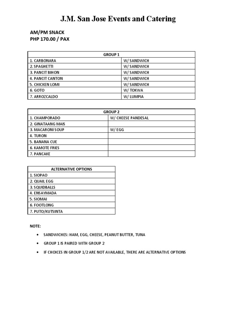 J.M. San Jose Events and Catering: Am/Pm Snack PHP 170.00 / PAX | PDF