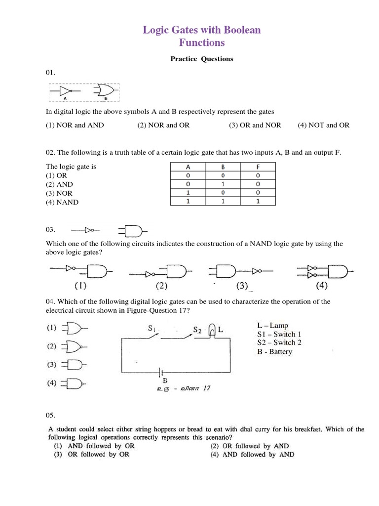 Logic Gates With Boolean Functions: Practice Questions | PDF