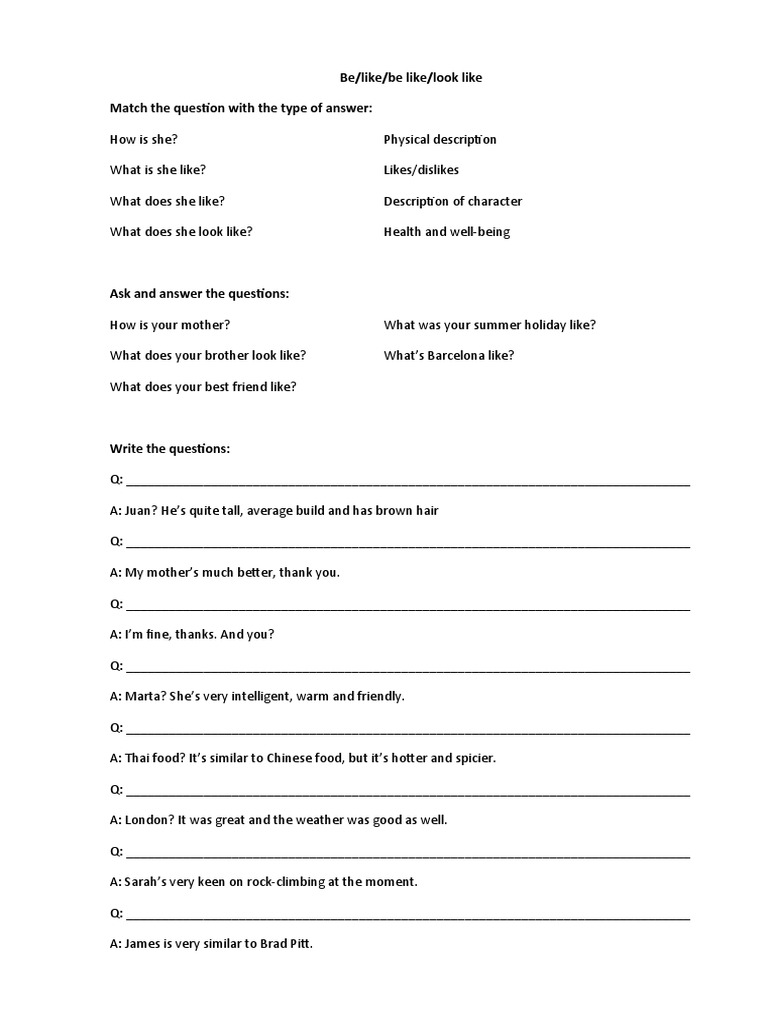 Be/like/be Like/look Like Match The Question With The Type of Answer | PDF
