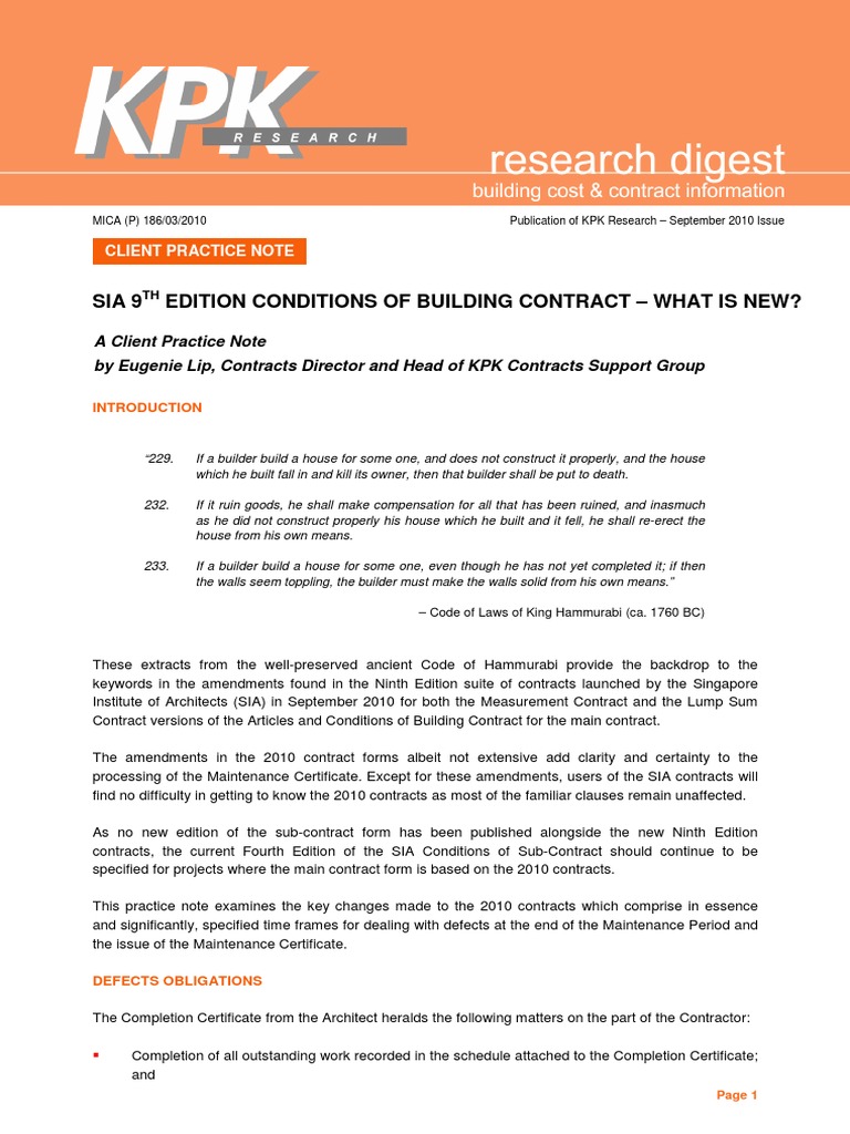 Sia 9 Edition Conditions of Building Contract - What Is New? | PDF ...