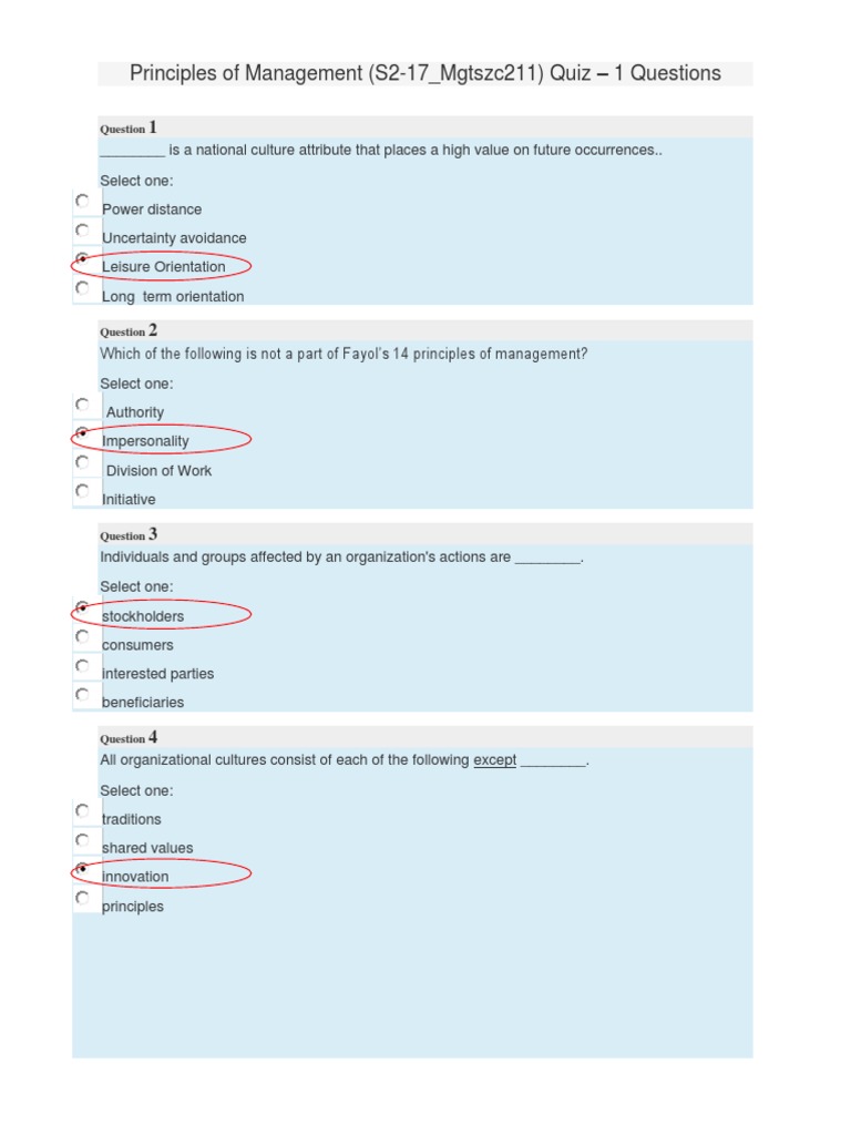 Principles of Management Quiz - 1 Answers | PDF | Behavioural Sciences ...