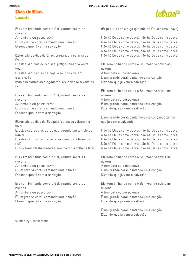 Letras do Hino "Dias de Elias" | PDF | YHWH | Elias