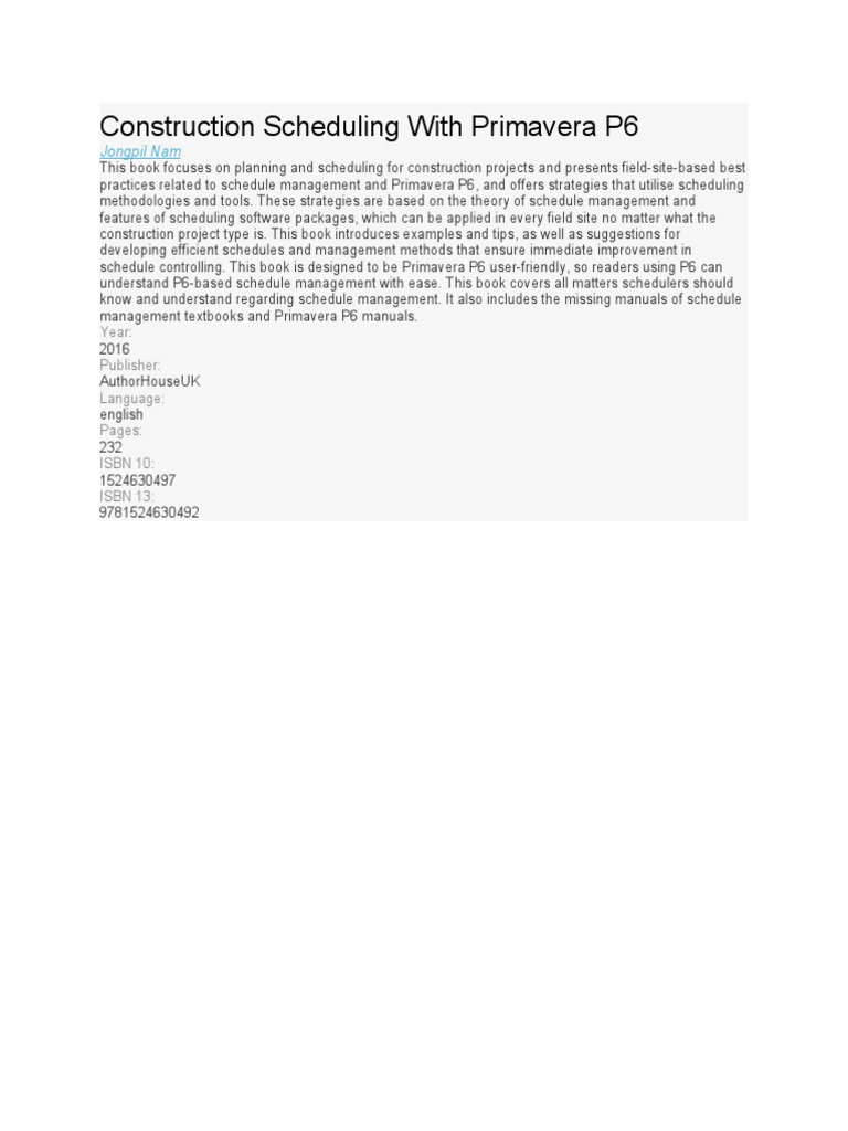 Construction Scheduling With Primavera P6 | PDF