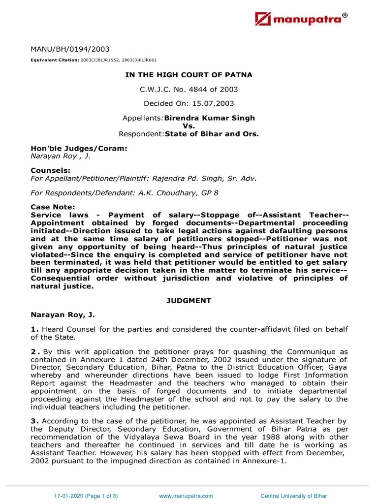 Birendra Kumar Singh vs. State of Bihar and Ors. (15.07.2003 - PATNAHC) | PDF | Constitutional ...