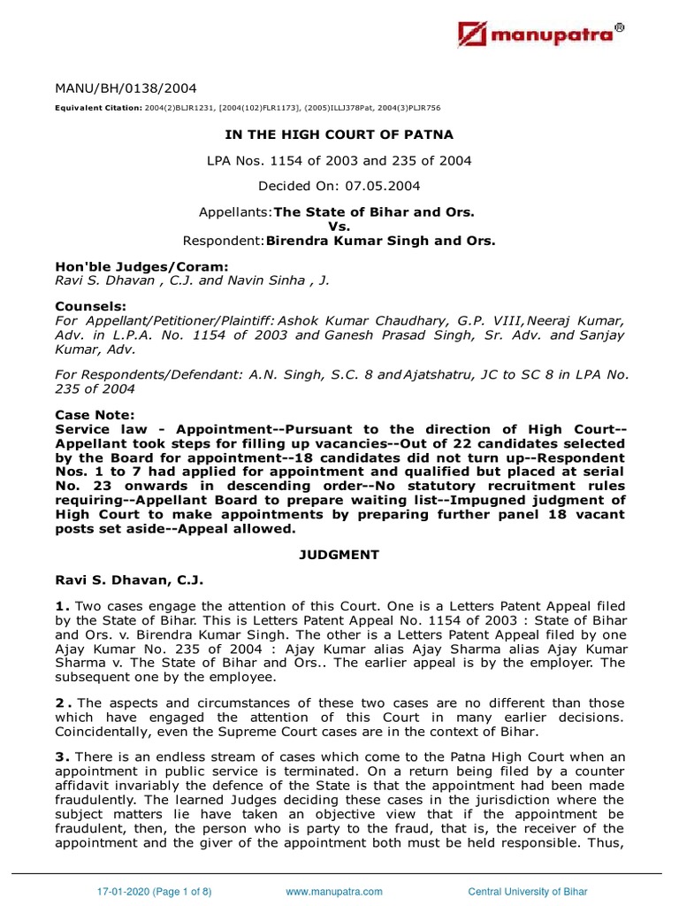 The State of Bihar and Ors. vs. Birendra Kumar Singh and Ors. (07.05.2004 - PATNAHC) | PDF ...