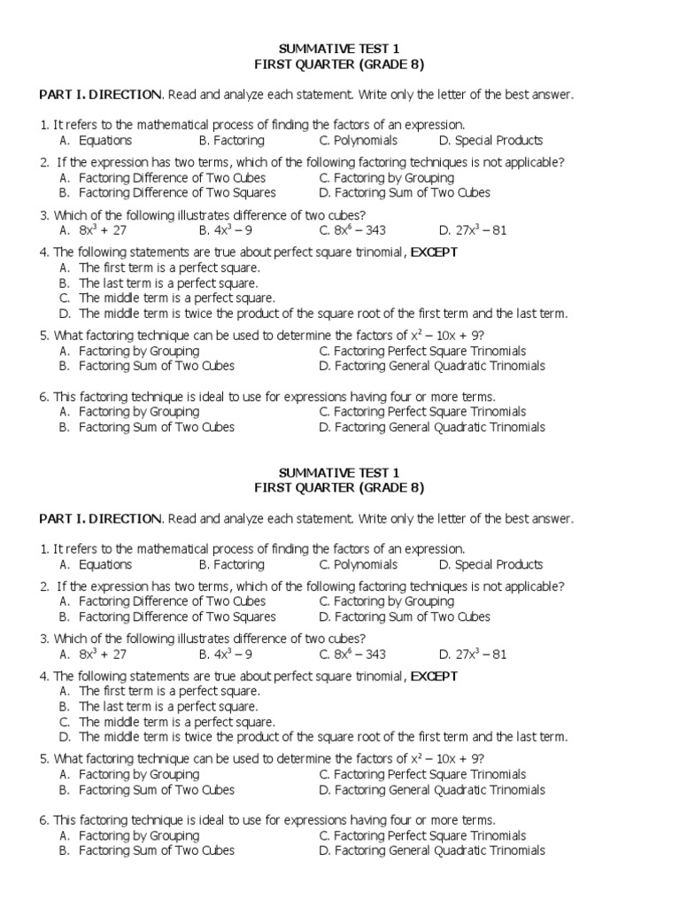 Summative Test 1 | PDF | Factorization | Summation