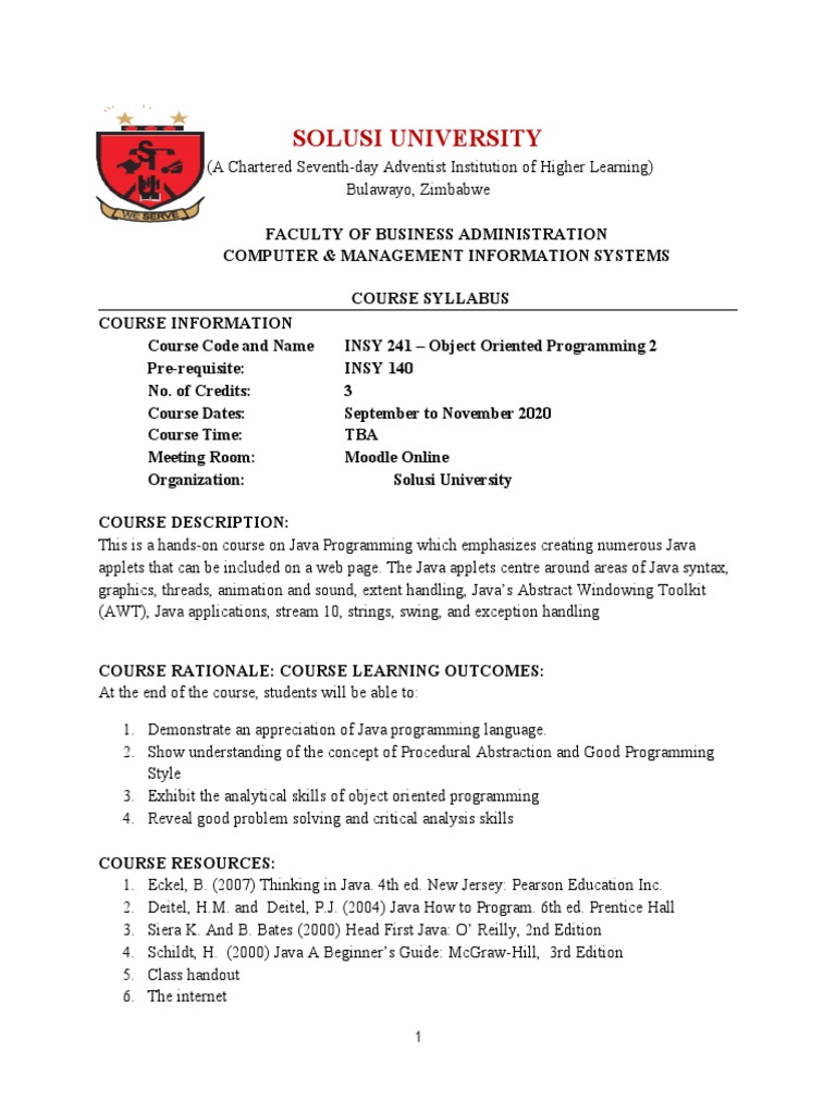 INSY 241 - Object Oriented Programming 2 Syllabus | PDF | Academic ...