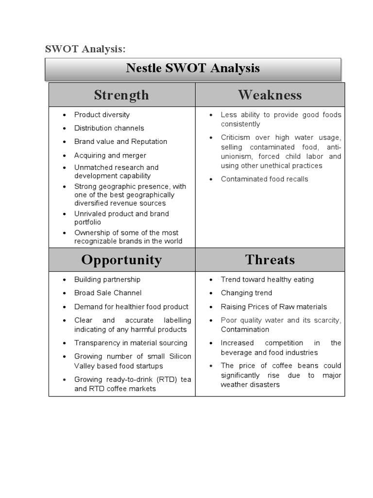 Nestle Swot Anlaysis | PDF | Nestlé | Swot Analysis