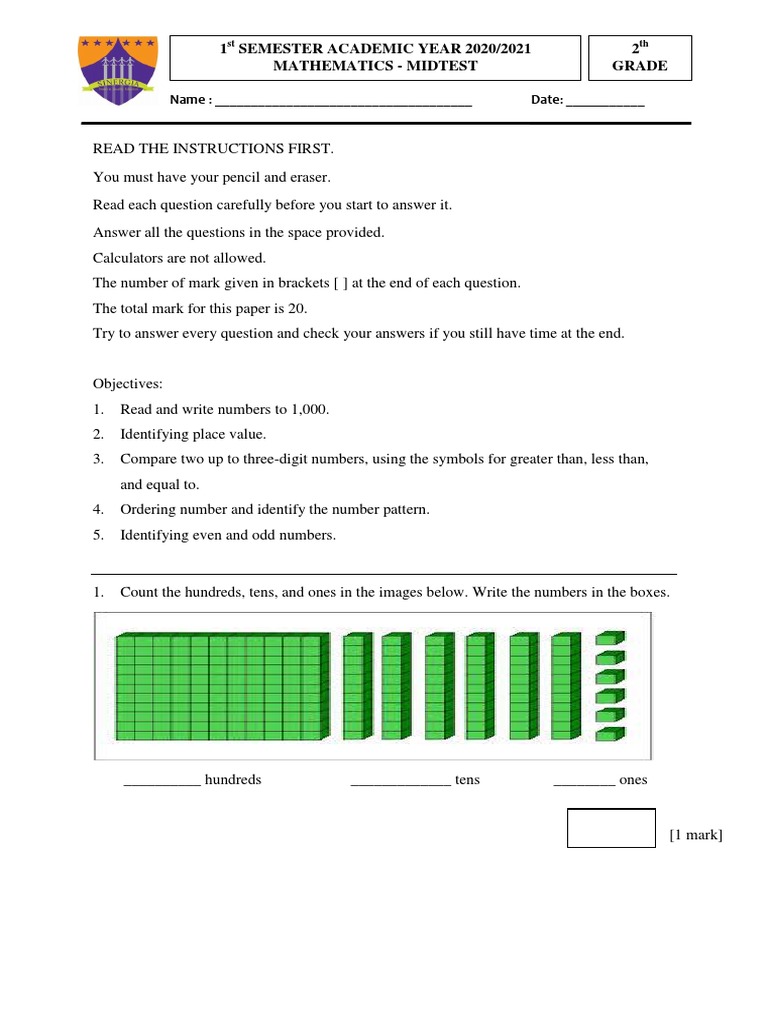 Mid Test S1 - 092020 - Math - G2 - Josiah | PDF | Numbers | Teaching ...