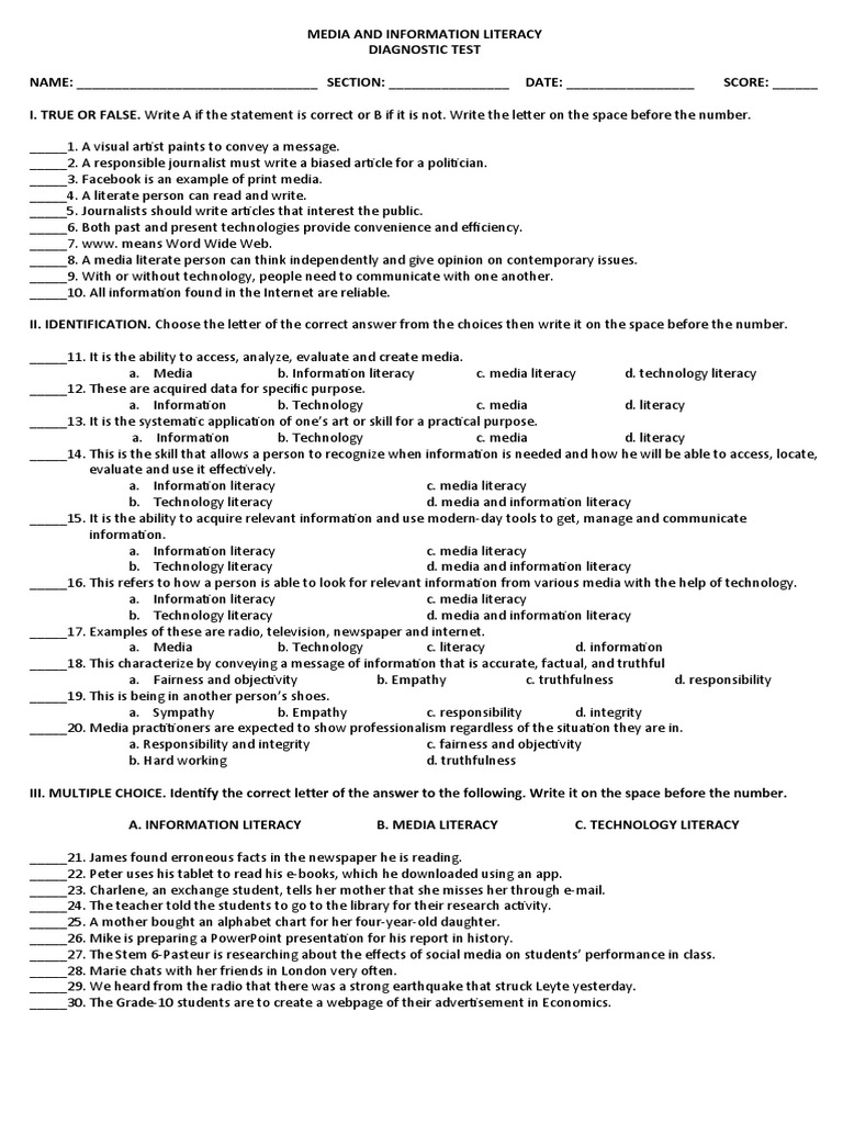 Media and Information Literacy Diagnostic Test | PDF | Information ...