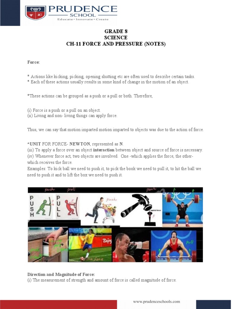 GRADE 8 FORCE AND PRESSURE NOTES | PDF | Force | Gravity