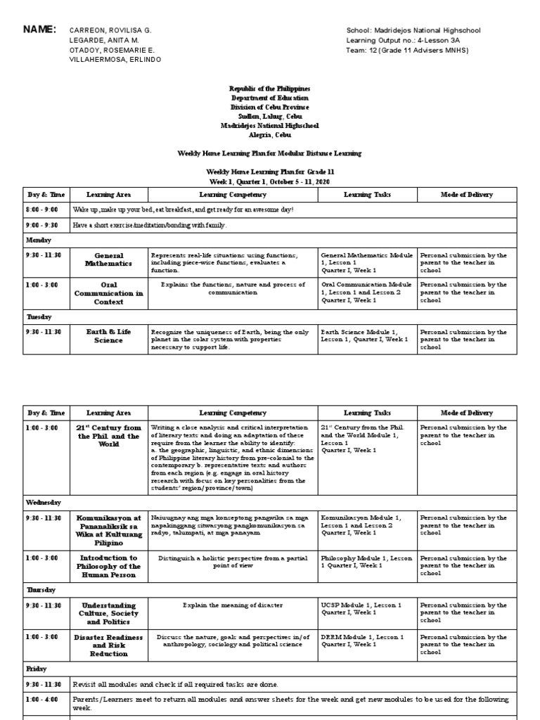 MNHS_Grade 11 Weekly Home Learning Plans - Copy | Teachers | Inclusion (Education)