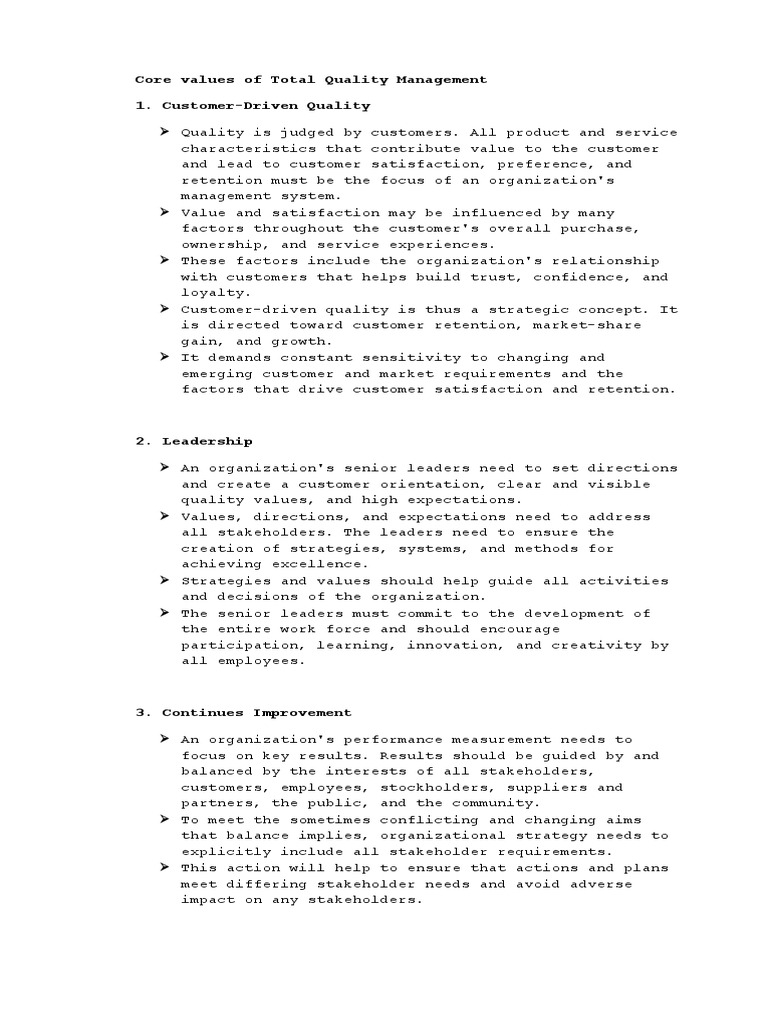 Core Values of Total Quality Management | PDF | Employee Retention | Goal