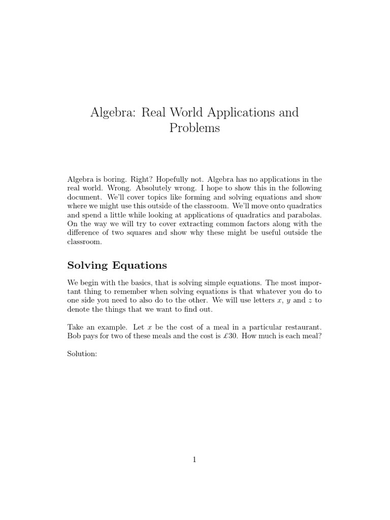 Algebra: Real World Applications and Problems: Solving Equations | PDF ...