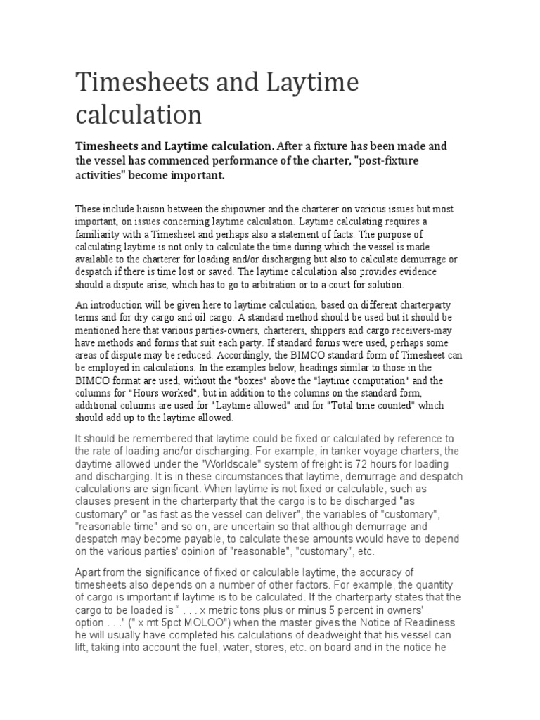 Timesheets and Laytime Calculation | PDF | Water Transport | Shipping
