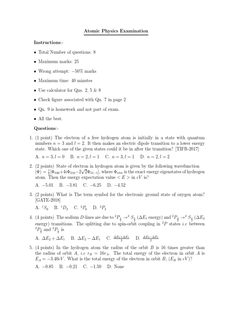 Atomic Physics Exam | PDF | Electron | Energy Level