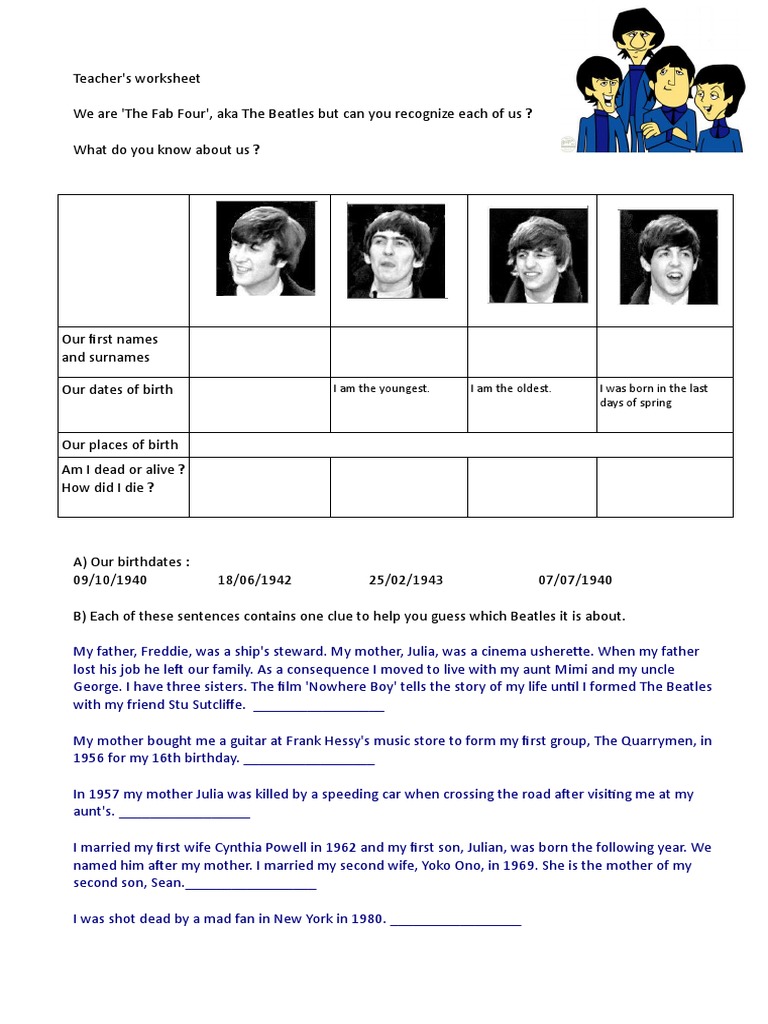 The Beatles The Fab Four - Reading Activity | Download Free PDF ...