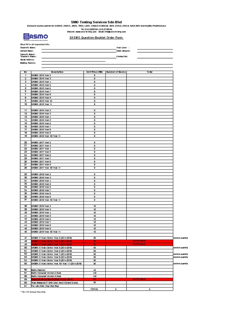 SMO Testing Services SDN BHD: SASMO Question Booklet Order Form | PDF ...