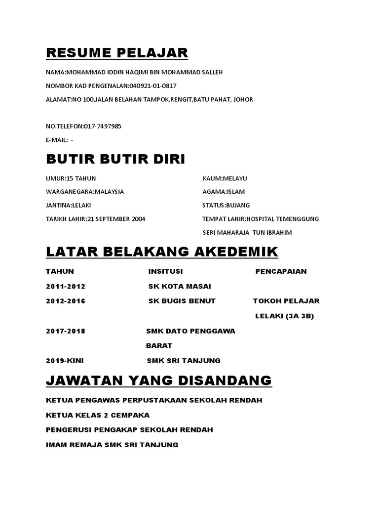 Resume Pelajar Aktif dan Berbakat | PDF
