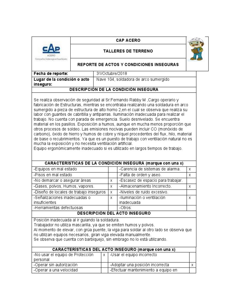 Reporte Actos Condiciones Inseguras | PDF | Soldadura | Construcción