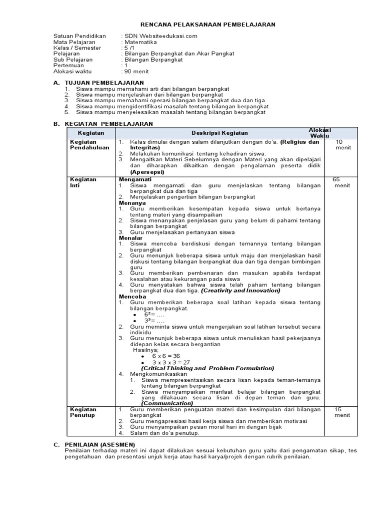 RPP Bilangan Berpangkat | PDF