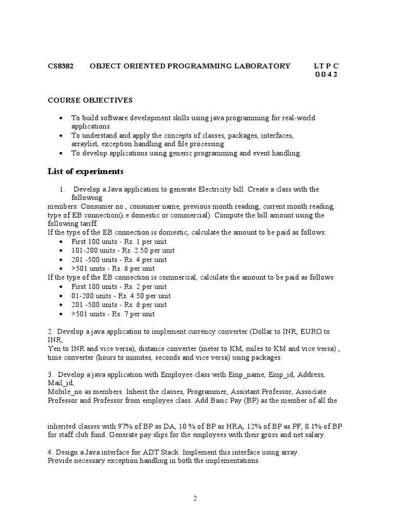 List of Experiments: CS8382 Object Oriented Programming Laboratory LTPC 0 0 4 2 | PDF | Class ...