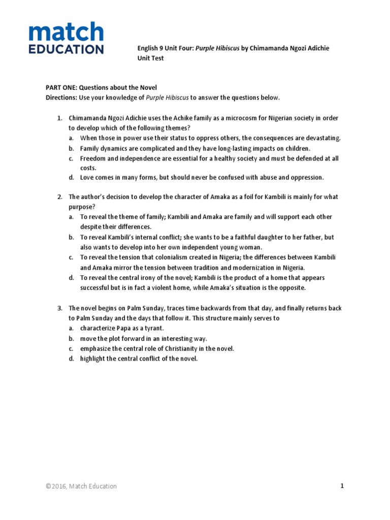 English 9 Unit Four: Purple Hibiscus by Chimamanda Ngozi Adichie Unit ...