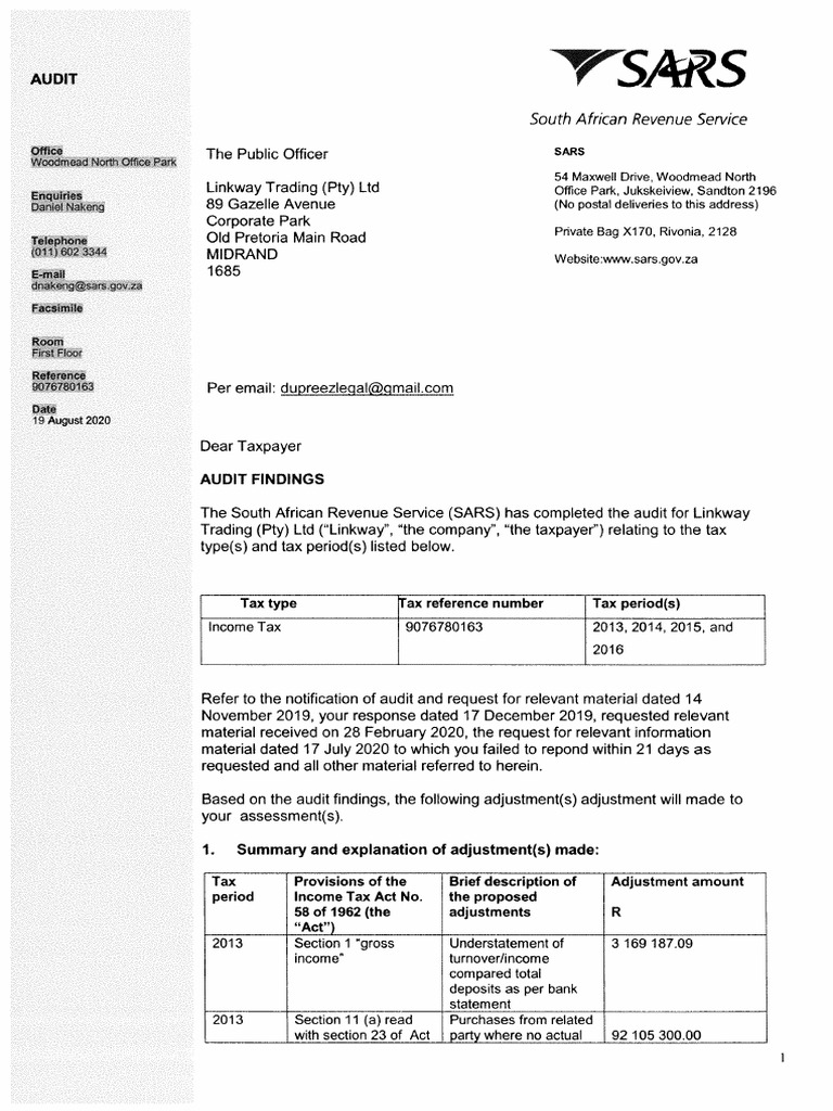 SARS Letters of Findings Regarding Linkway Trading 19 August 2020 | PDF ...