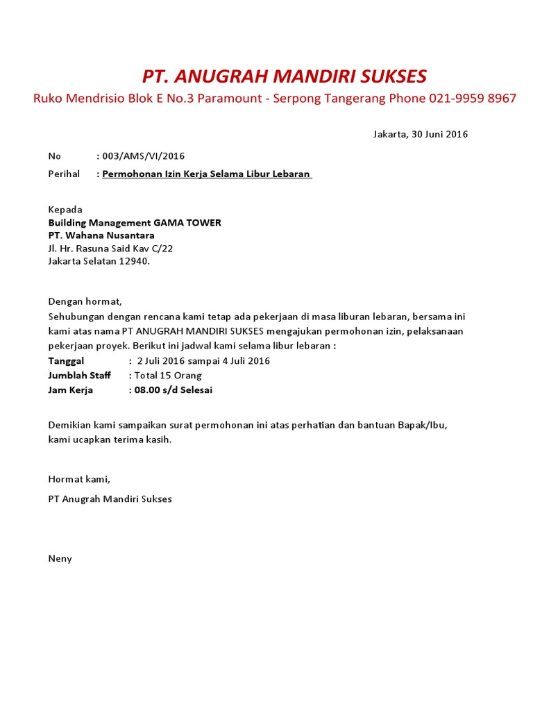 Surat 003 Permohonan Ijin Keja | PDF