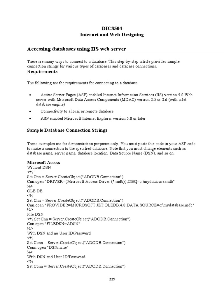 Accessing Databases Using Iis Web Server And Asp Object Pdf Cookie Active Server Pages