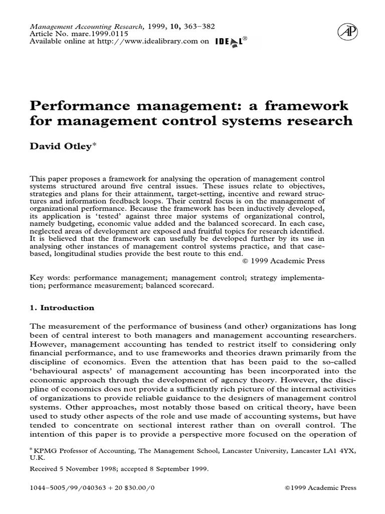 Performance Management Framework for Organizational Control Research ...