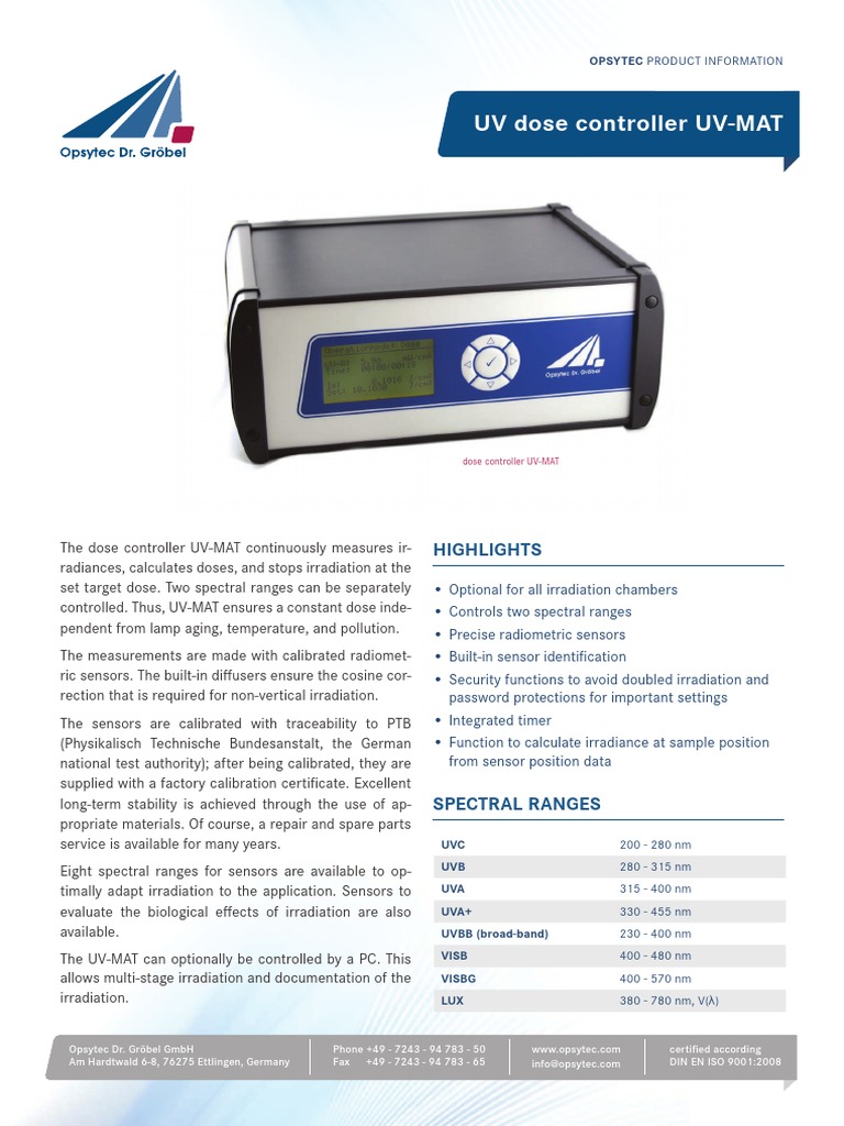 Uv Dose Controller Uv-Mat: Highlights | PDF | Ultraviolet | Radiation