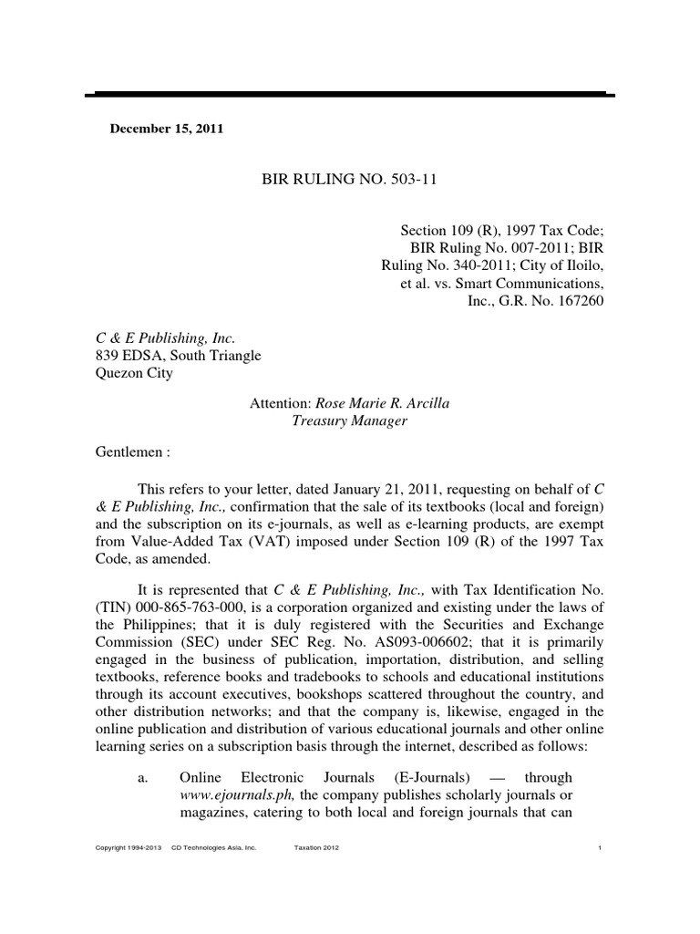 BIR Ruling No. 503-11 - E-Books | PDF | Value Added Tax | Educational ...