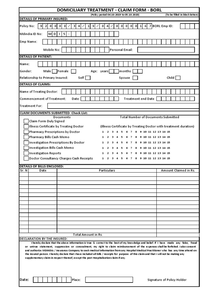 Domiciliary Treatment Claim Form | PDF | Pharmacy | Health Sciences