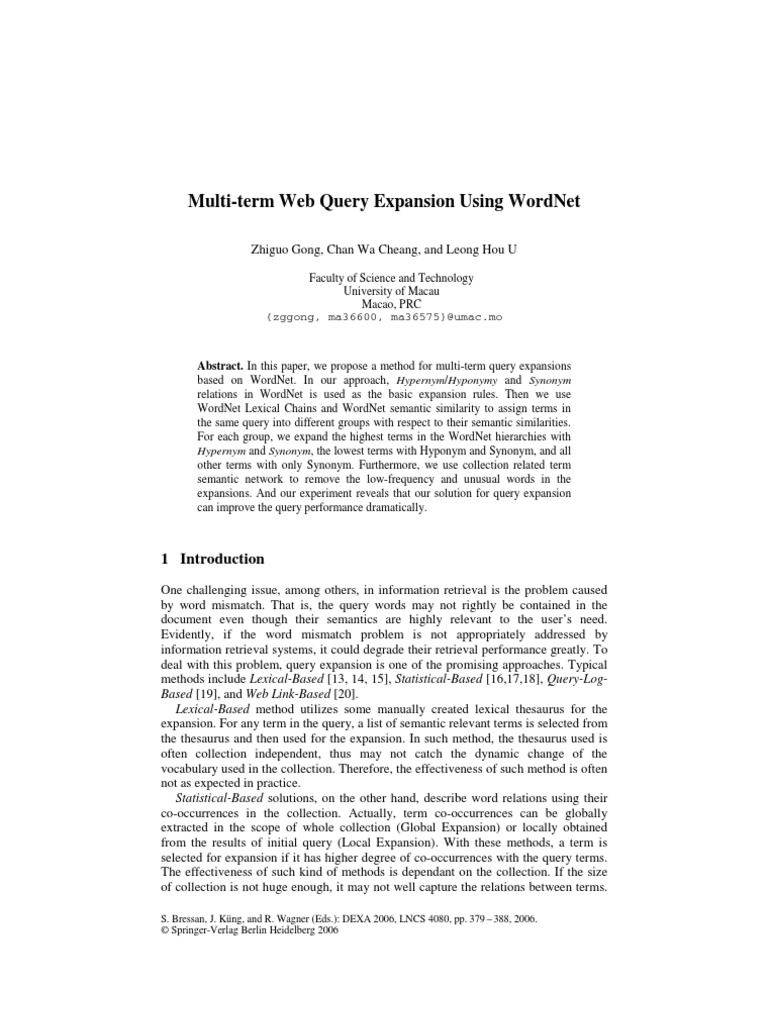 Multi-Term Web Query Expansion Using Wordnet | PDF | Semantics ...