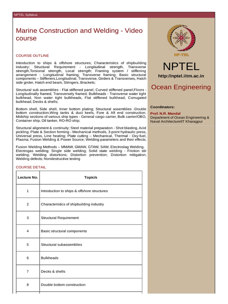 NPTEL Marine Construction and Welding Course Outline | PDF | Ships ...