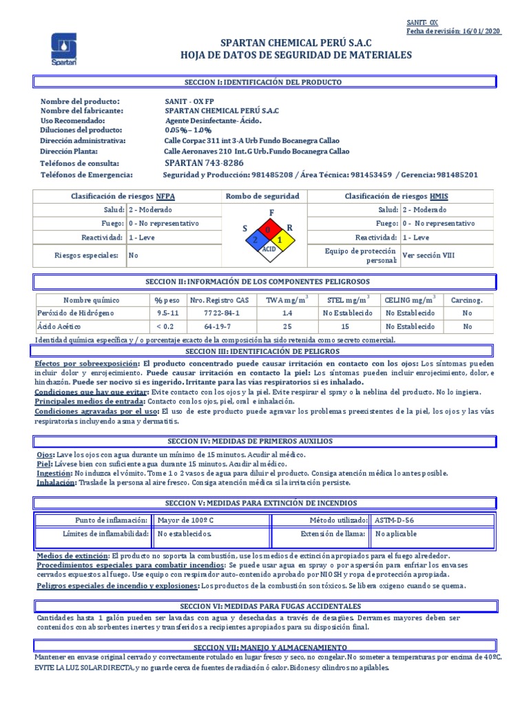 Sanit - Ox FP - MSDS | PDF | Oxígeno | Agua