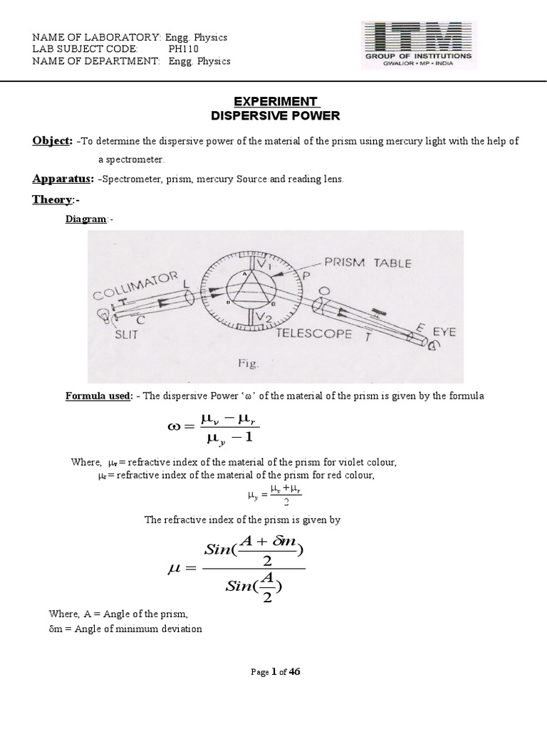 Experiment Dispersive Power Object: - Apparatus: - Theory:-: M A Sin ...