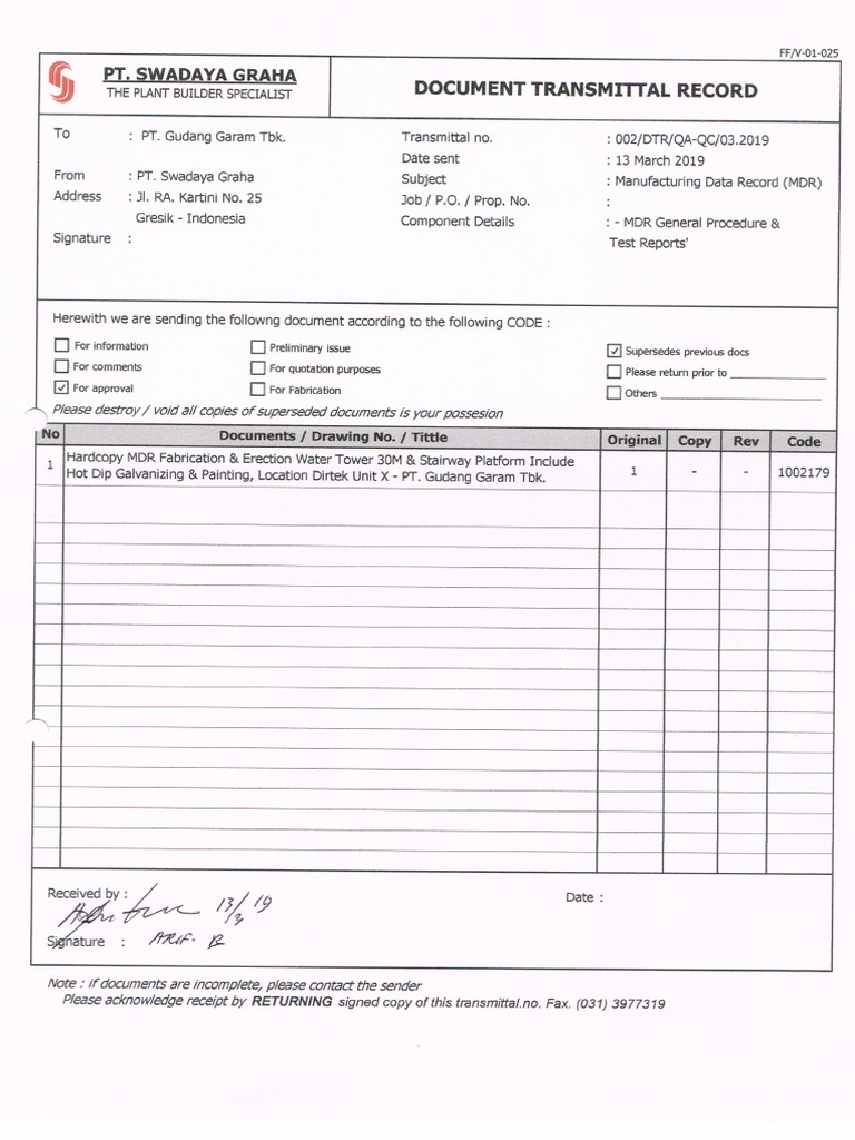 Document Transmittal Record 1002179 | PDF