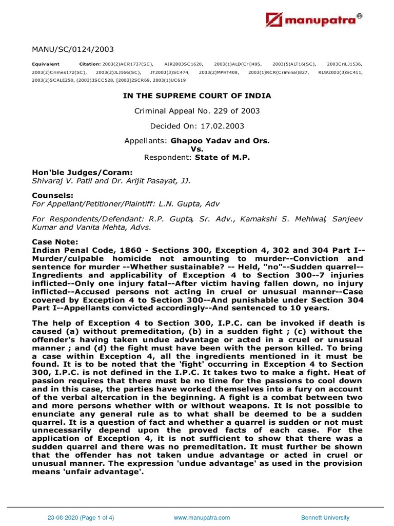 MANU/SC/0124/2003: Shivaraj V. Patil and Dr. Arijit Pasayat, JJ | PDF ...