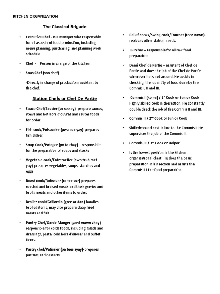The Classical Brigade: Kitchen Organization | PDF | Chef | Garde Manger