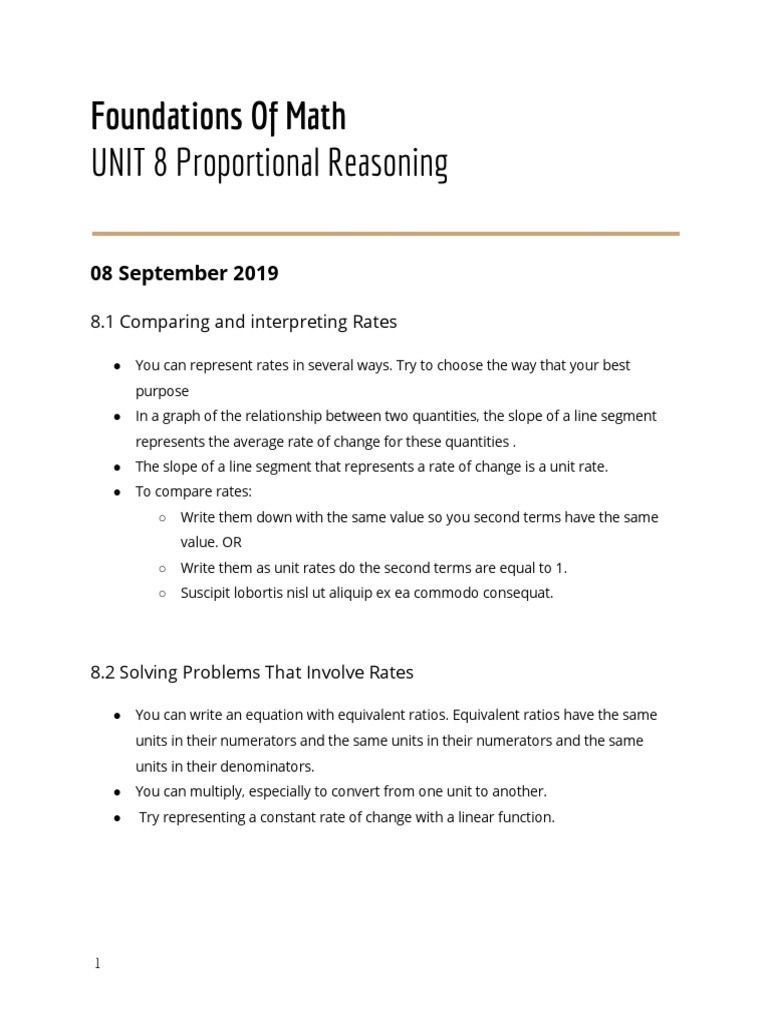 UNIT 8 Proportional Reasoning: Foundations of Math | PDF